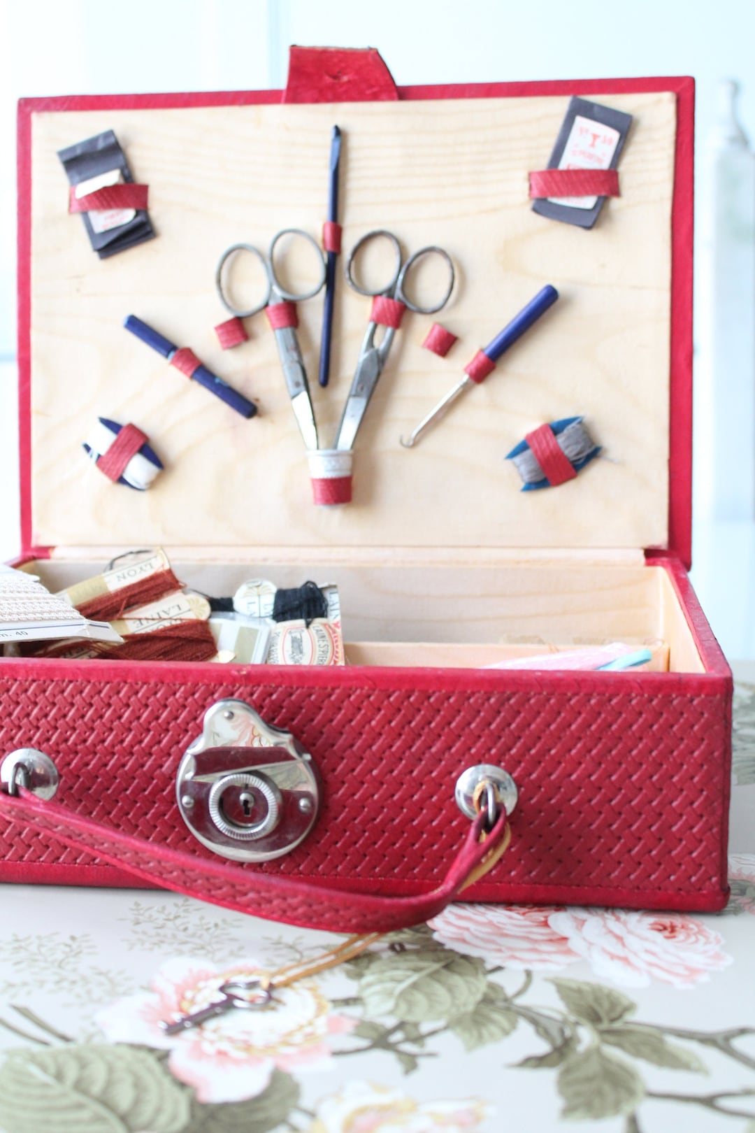 Sewing Box Filled With Spool of Thread, Pair of Scissors, Thimble, Lace ...