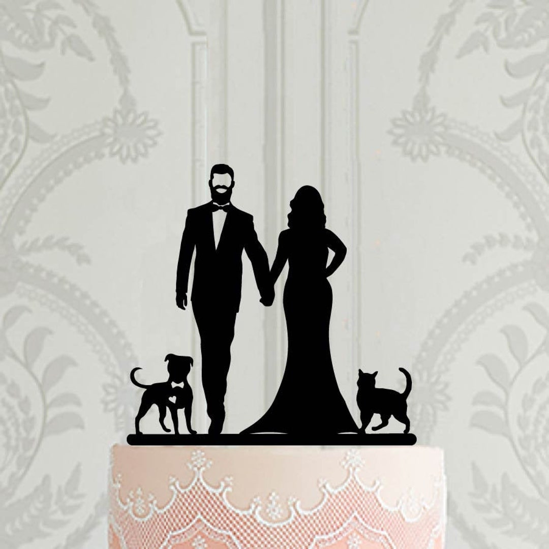 Custom Wedding Cake Topper With Dog and Cat, Bride and Groom With Beard ...