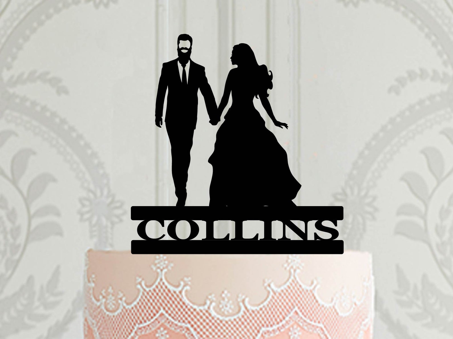 Personalised Wedding Cake Topper , Bride and Bearded Groom Silhouette ...