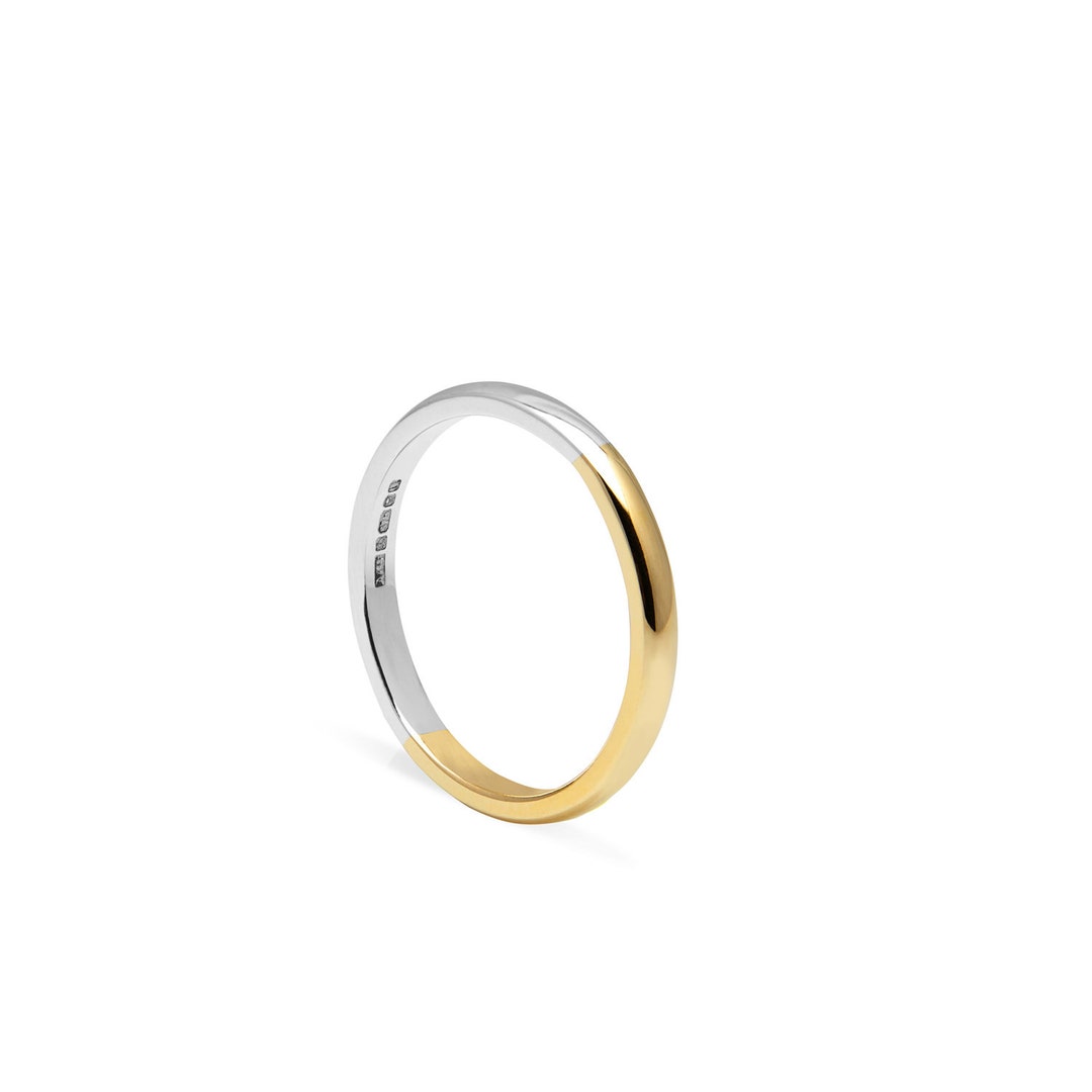 Two-tone D-shape Ring White and Yellow Gold Wedding Band Womens Wedding ...