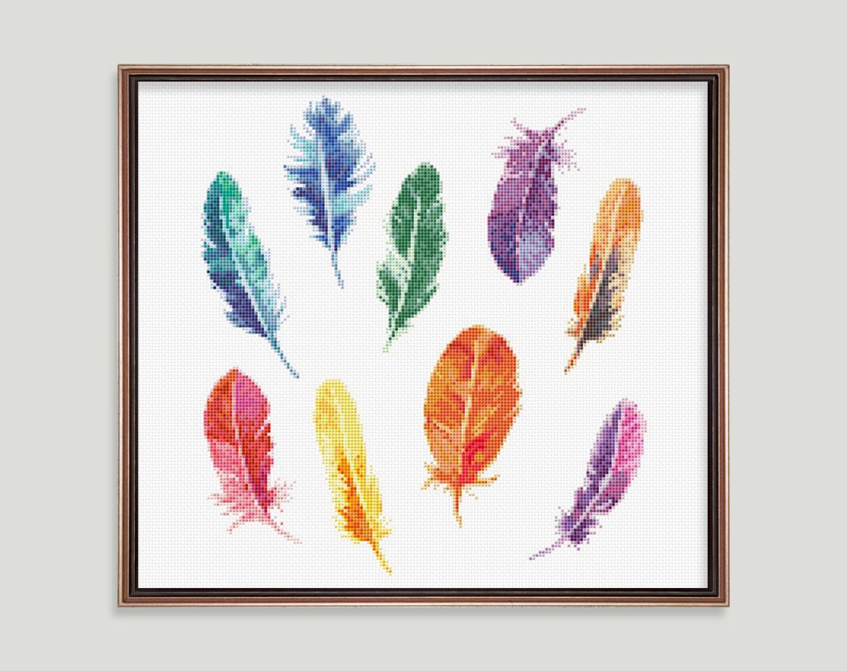 Landscape in feather cross stitch chart Feather cross stitch pattern ...