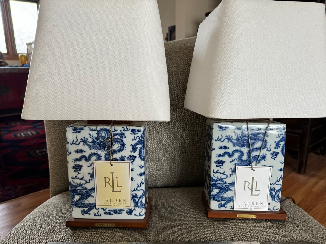 Ralph Lauren Cobalt Blue & White Dragon Lamps Vintage - Etsy