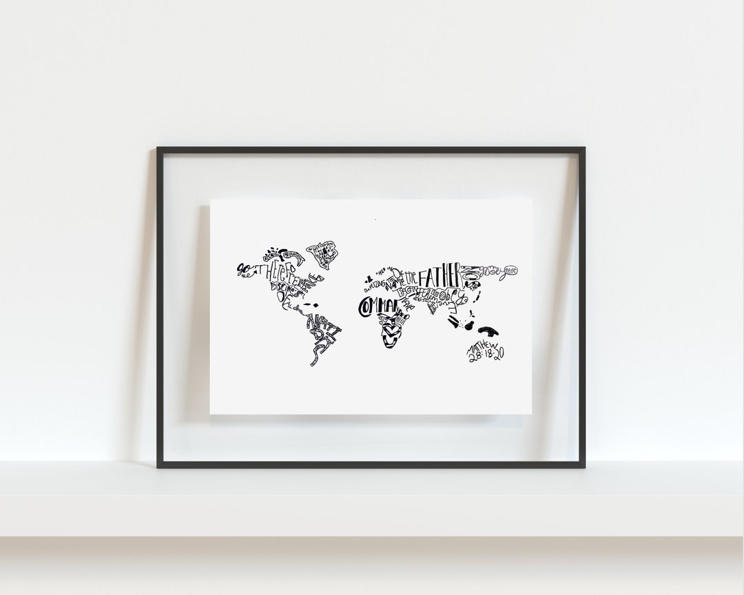 The Great Commission World Map Art Print Matthew 28:18-20 Bible Verse ...
