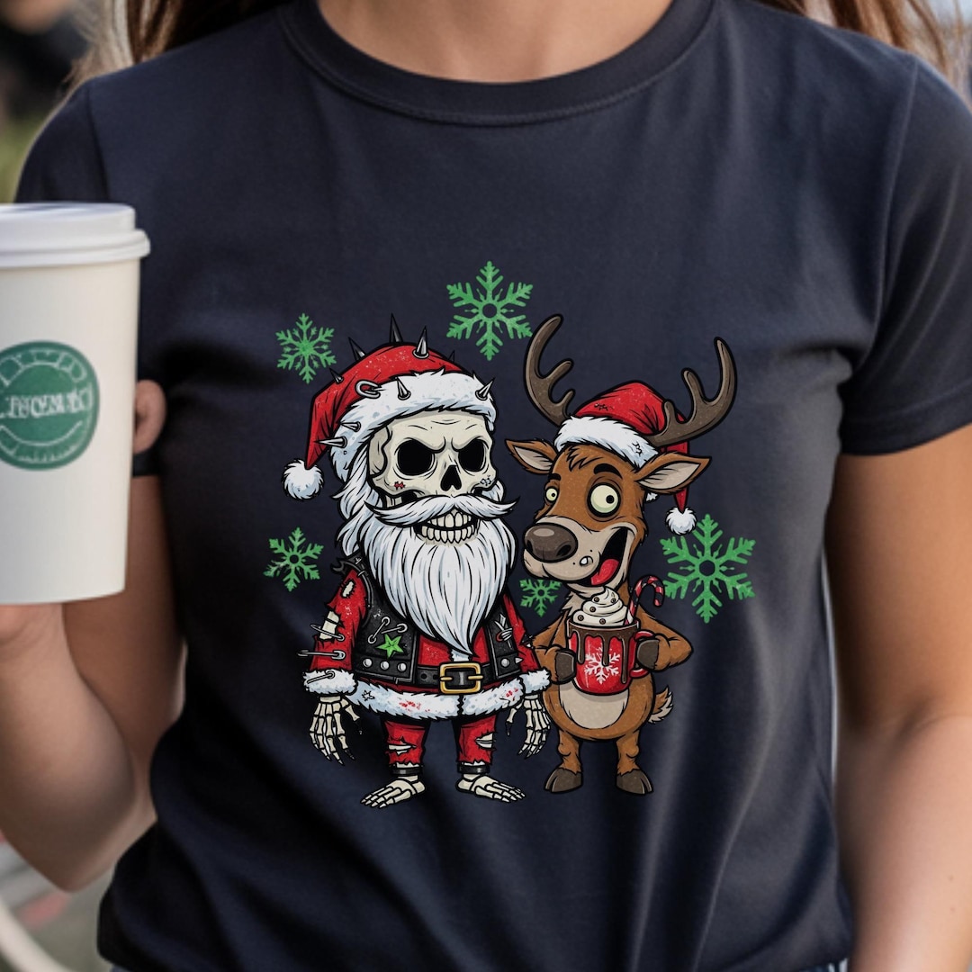 Punk Santa and Reindeer Digital Art, Christmas Skull, Funny Holiday ...