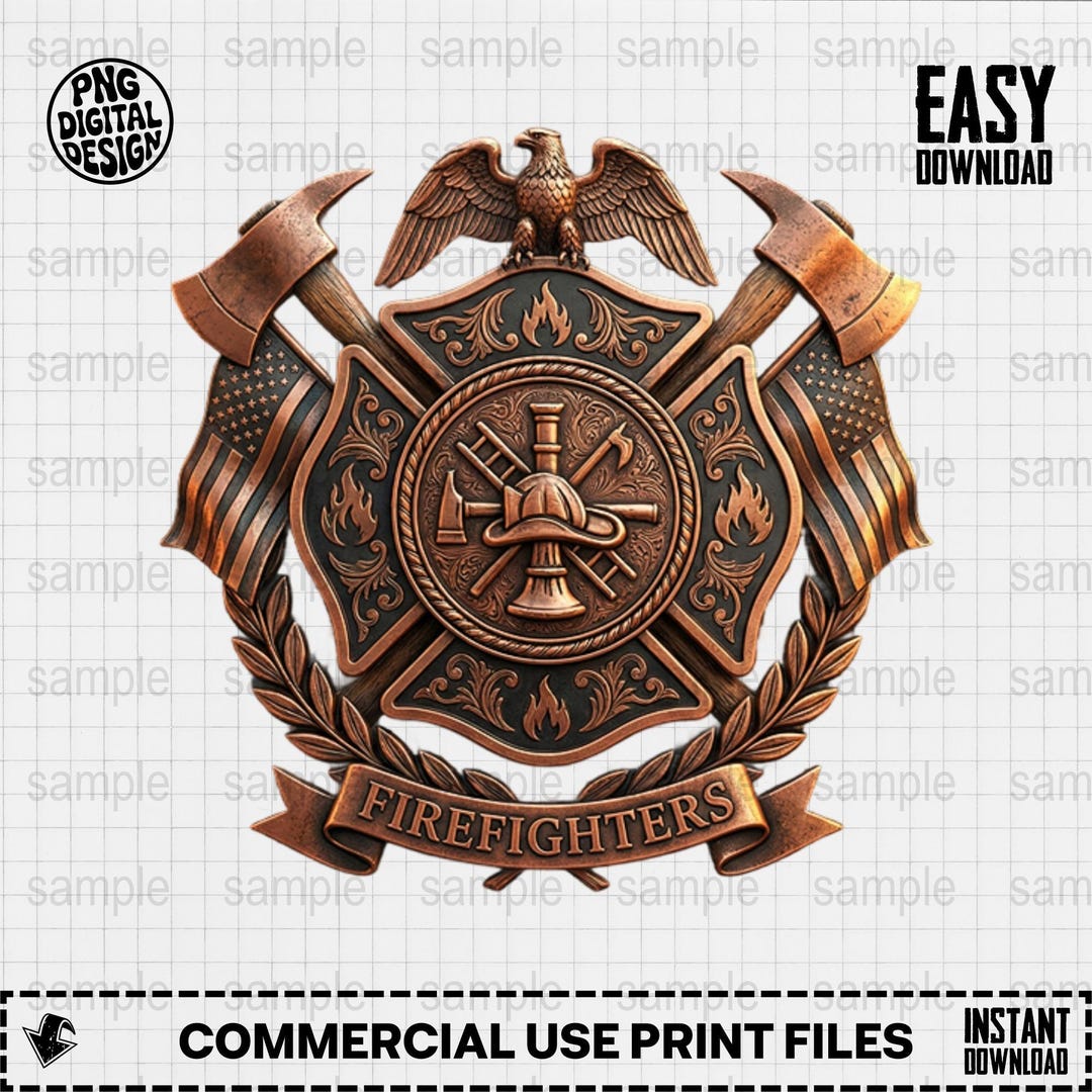 Firefighter Emblem Digital Print, American Flag, Maltese Cross, Axe ...
