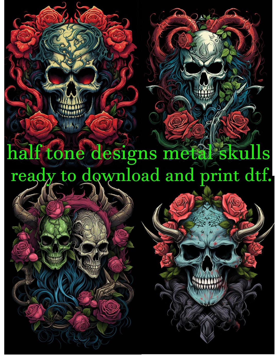 Metal Skull Halftone Designs -hi Res Ready to Print Dft -dtg Skull Pack ...