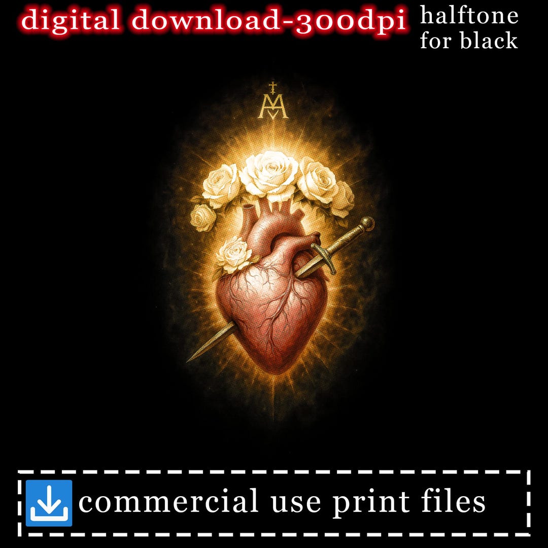 Immaculate Heart Digital Art: Roses & Sword, DTF DTG for Black Garments ...