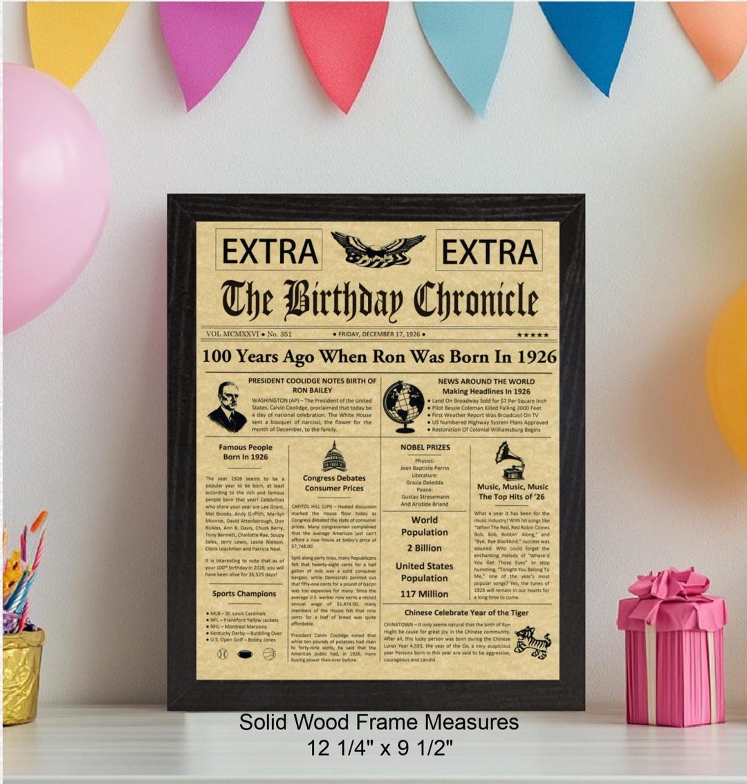 Personalized 100th Birthday Gift, Frame Included, 1926 Birthday Gift ...
