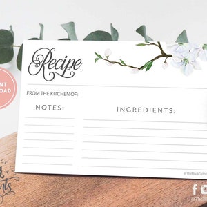 Simple Minimalist Recipe Card Printable Spring Floral Recipe Card ...