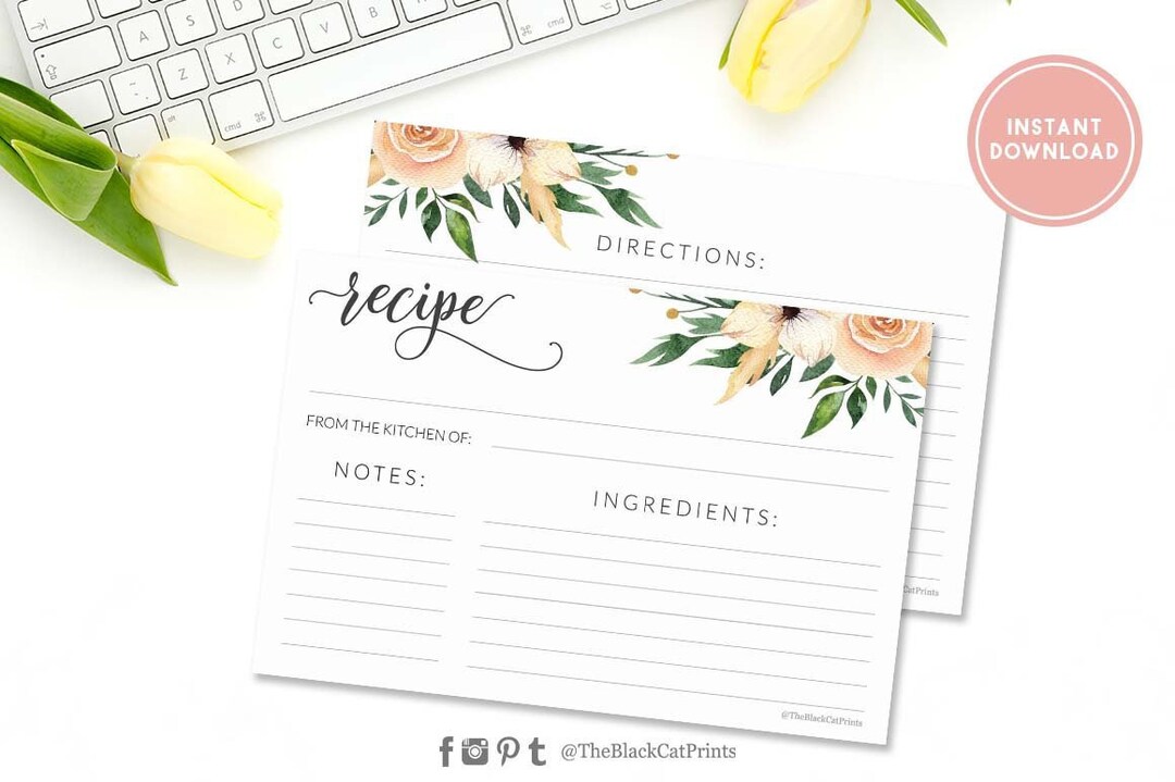 Floral Watercolor Recipe Card Printable Recipe Card Bridal Shower ...