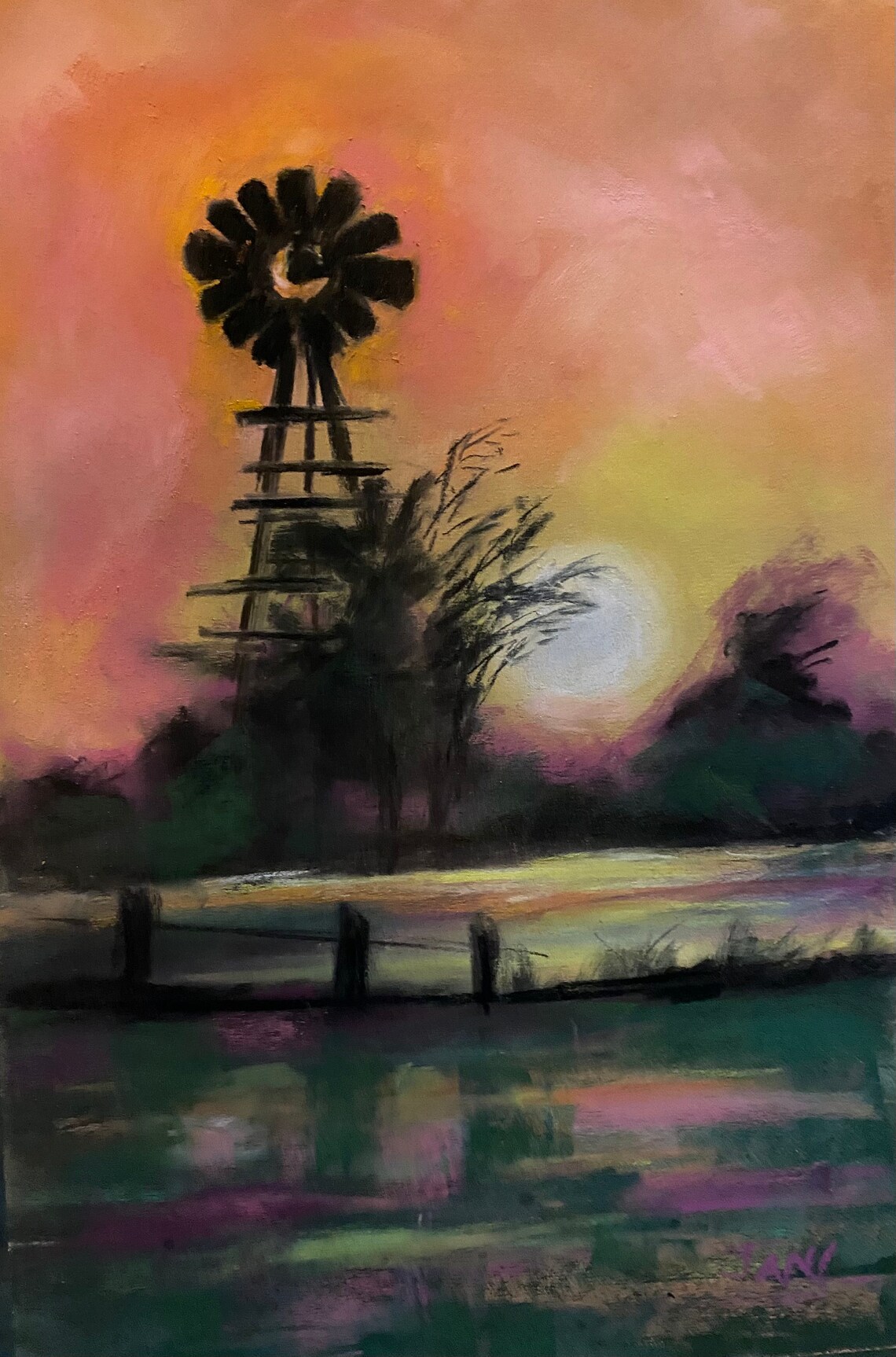 Sunset Windmill Painting Original Pastel 11 X 17 Fall Soft Painting Landscape Countryside Wall ...