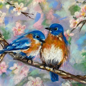 Eastern Bluebirds in Flowering Tree Original Pastel Painting 11 X 14 ...