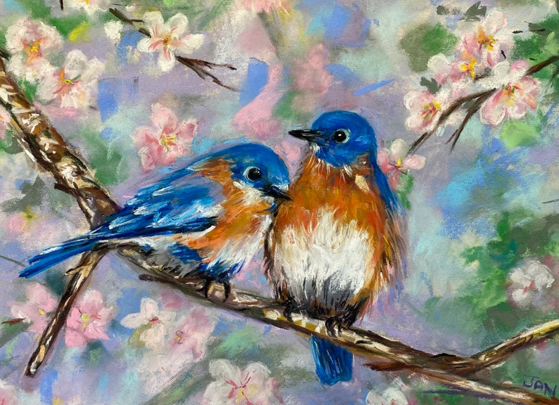 Eastern Bluebirds Pastel Painting, Spring Blossom Tree, 11x14 Animal ...