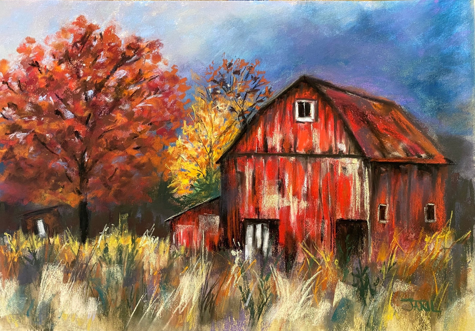 Fall Red Barn in Countryside Original Pastel Painting 12 X 17 Autumn ...