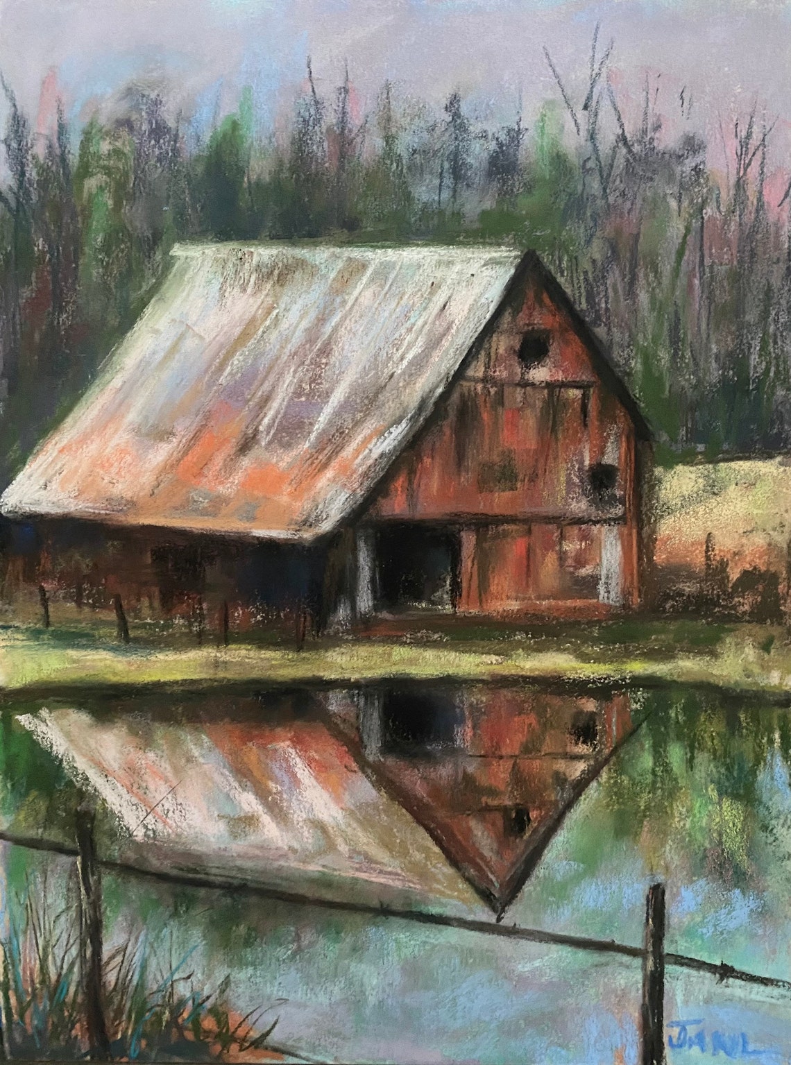 Barn Reflection Pastel Painting 9x 12 Original Calm Rustic Red Barn in ...