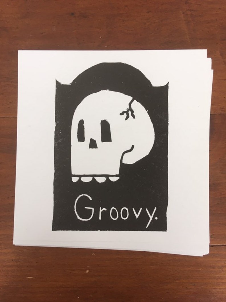 Groovy Skull Woodcut Print - Etsy
