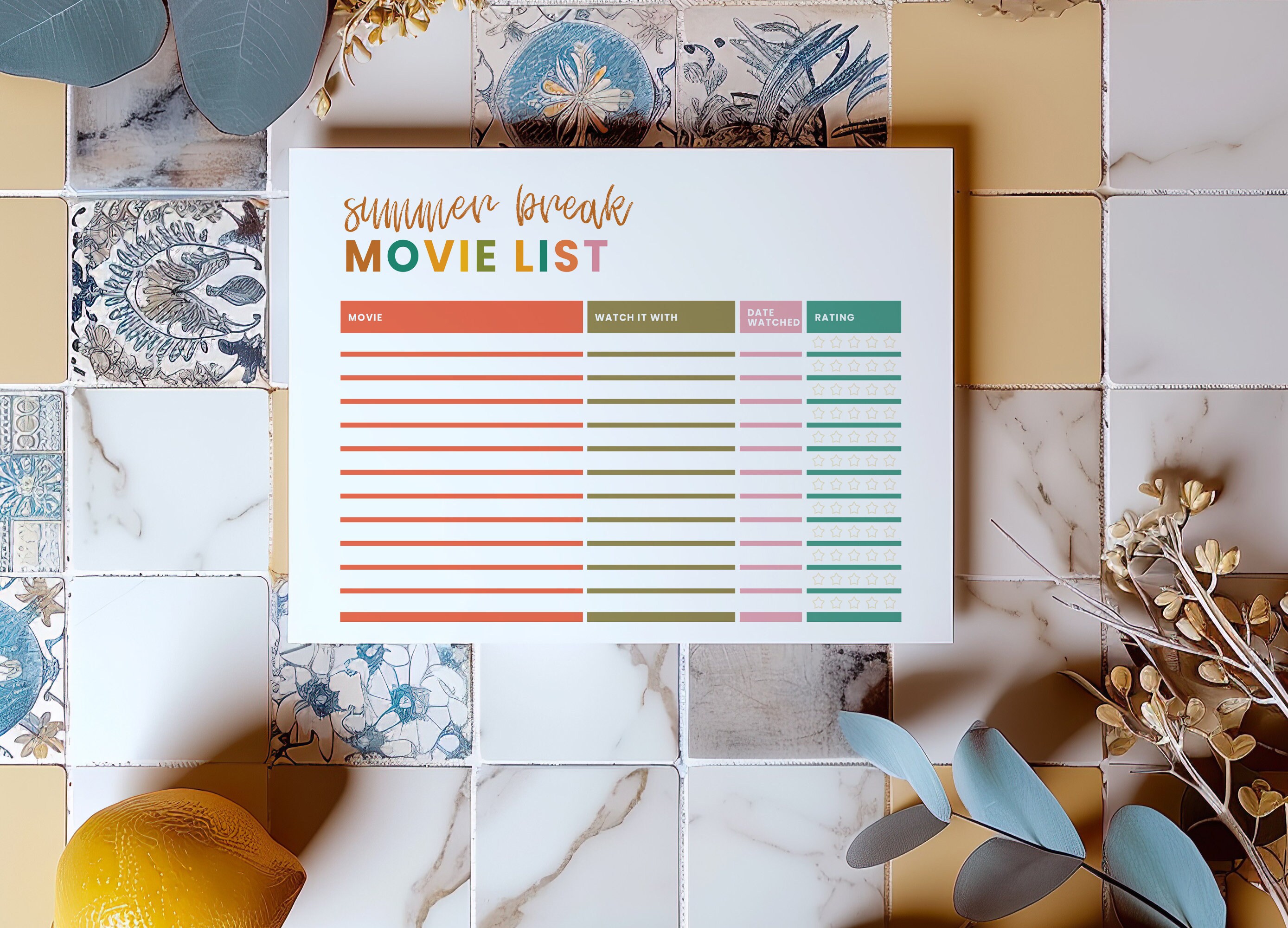 Kids Summer Planner Printable Summer Fun: Kids' Summer Movie Watch ...