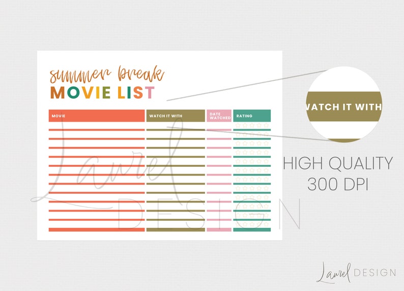 Kids Summer Planner Printable Summer Fun: Kids' Summer Movie Watch ...