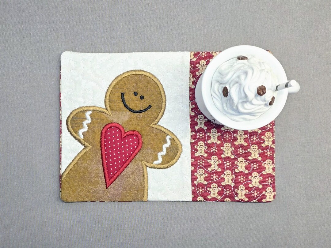 Christmas Mug Rug Embroidered With Gingerbread Man Cookie - Quilted ...