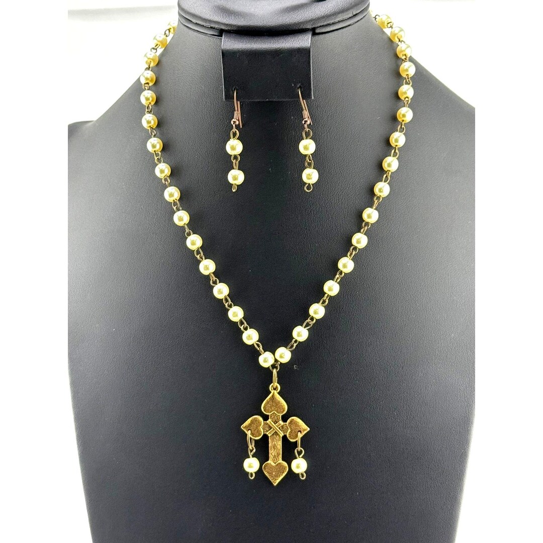 Native American Rosary Style Chain Pearl Beaded Cross Necklace Earrings ...