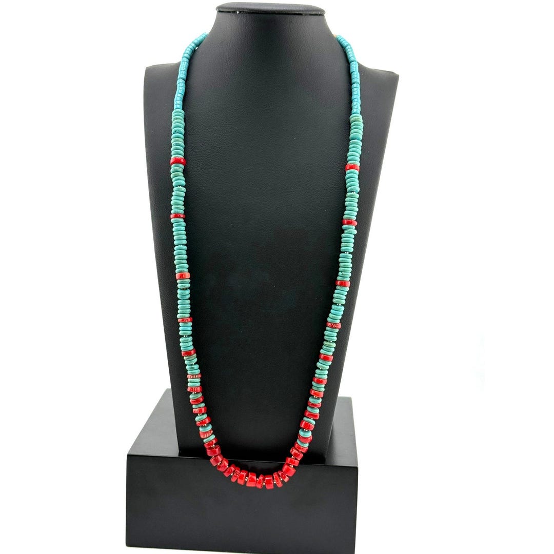 Native American Handmade Red Coral Necklace Turquoise, Seashell Heishi ...