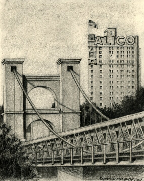 Items Similar To Waco Texas Waco Suspension Bridge Drawing Waco Themed Drawing Waco Art Print