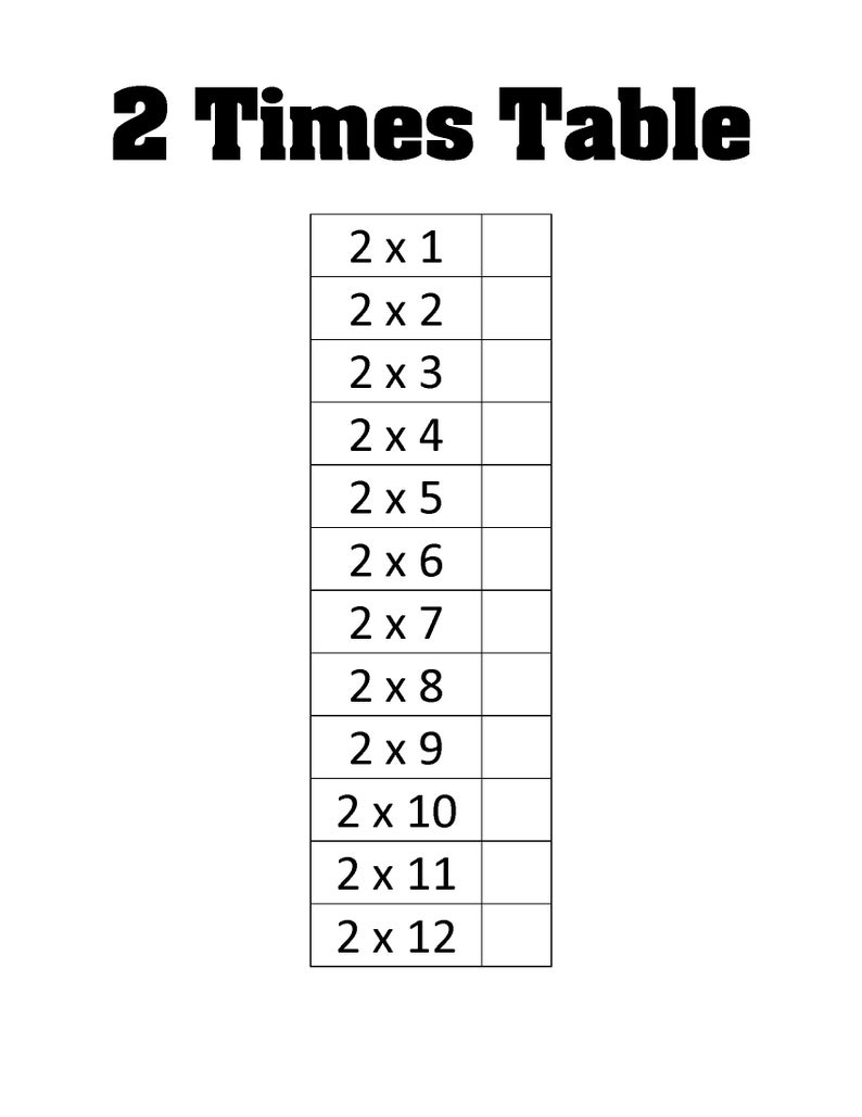 2x Multiplication Table Single Page Printouts Grade 1-4 - Etsy