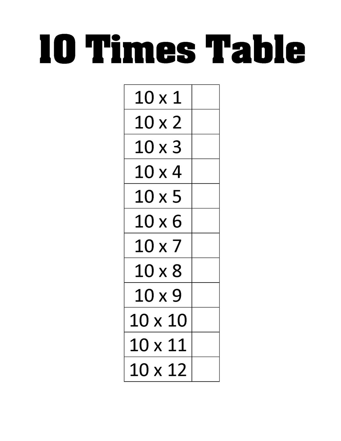 Printable 10x Multiplication Table Single Page Printouts Grade 1 Grade ...