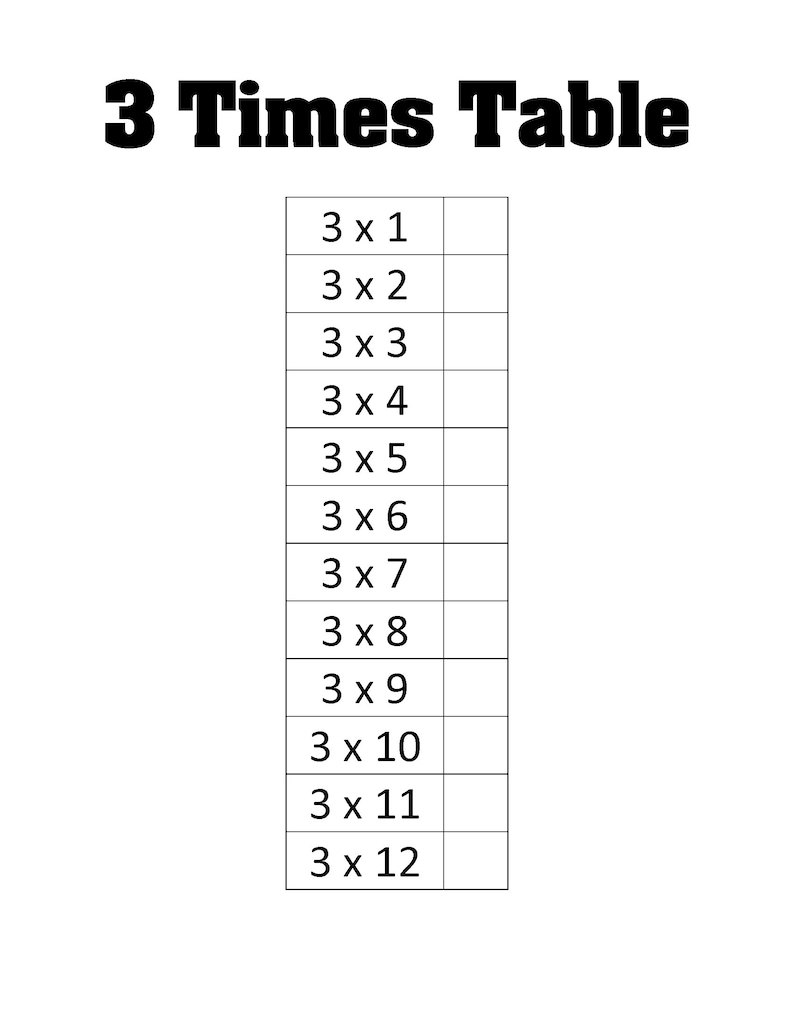 3x Multiplication Table - Single Page Printouts Grade 1-6 - Etsy