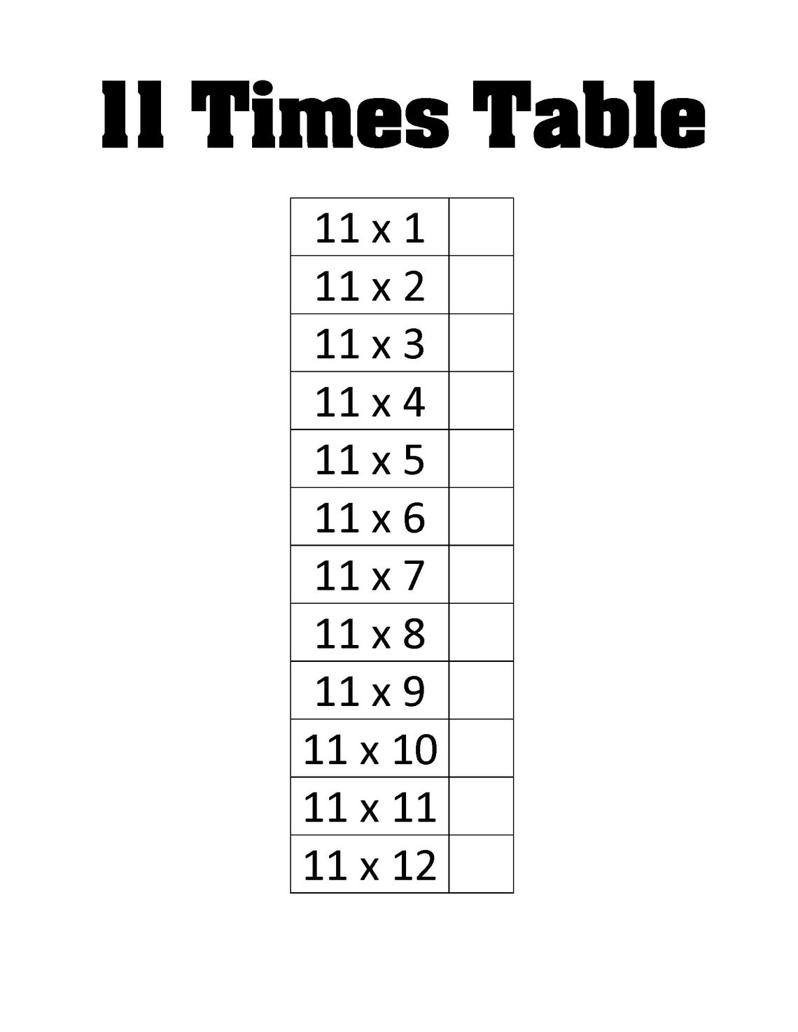 11x Multiplication Table - Single Page Printouts Grade 1-6 - Etsy