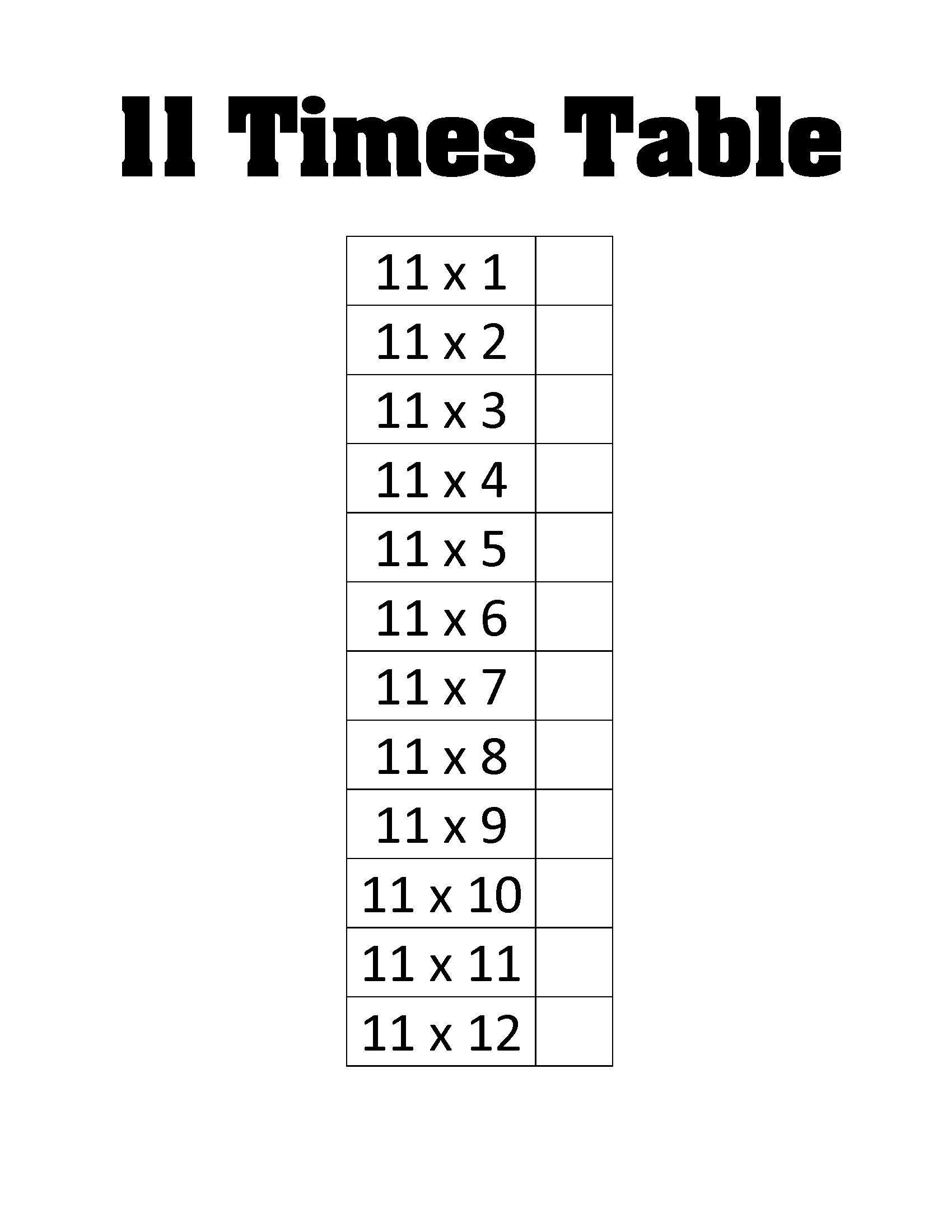 11x Multiplication Table - Single Page Printouts Grade 1-6 - Etsy