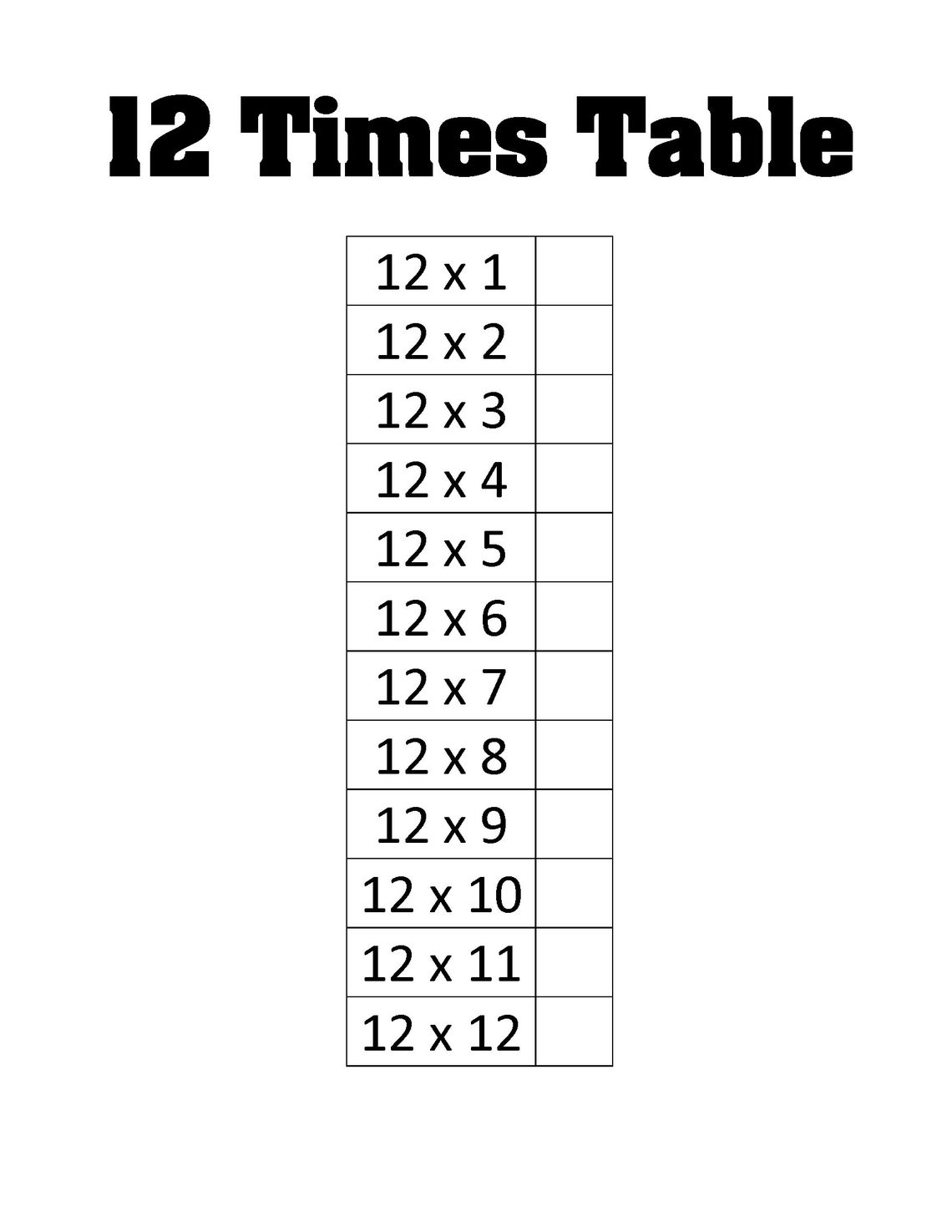12x Multiplication Table - Single Page Printouts Grade 1-6 - Etsy