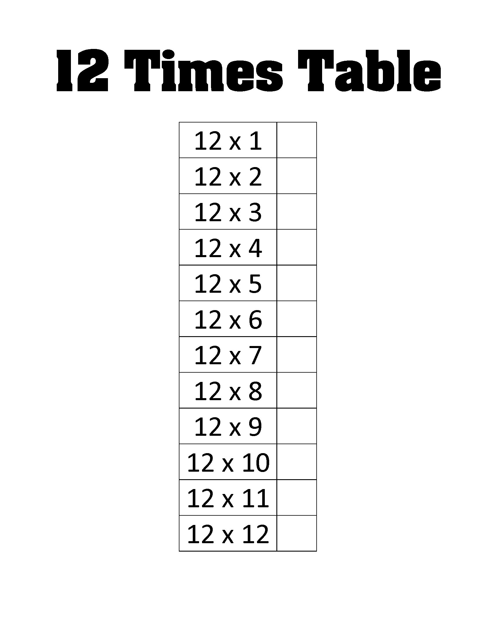 12x Multiplication Table - Single Page Printouts Grade 1-6 - Etsy