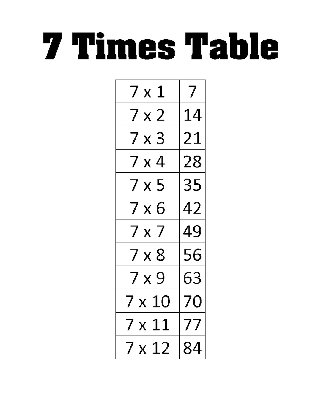 7x Multiplication Table - Single Page Printouts Grade 1-6 - Etsy