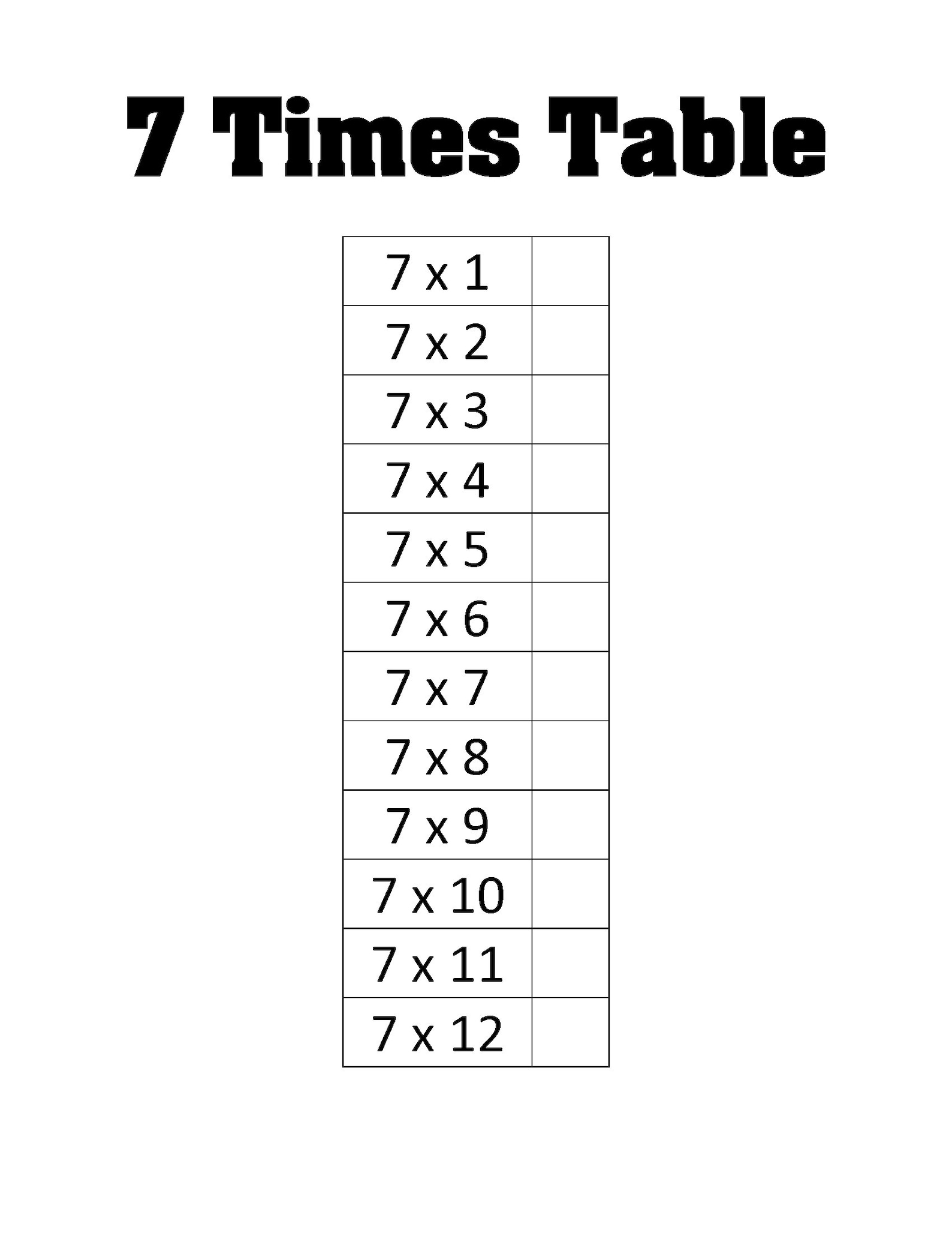 7x Multiplication Table - Single Page Printouts Grade 1-6 - Etsy
