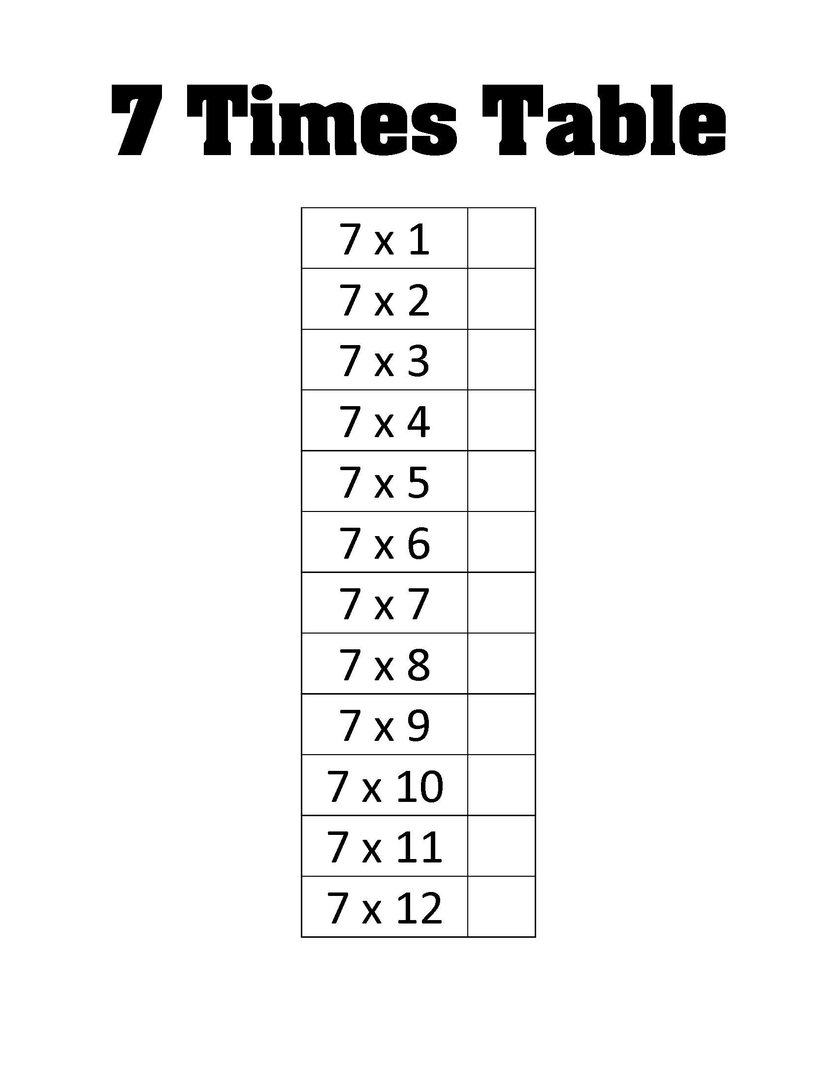 7x Multiplication Table - Single Page Printouts Grade 1-6 - Etsy