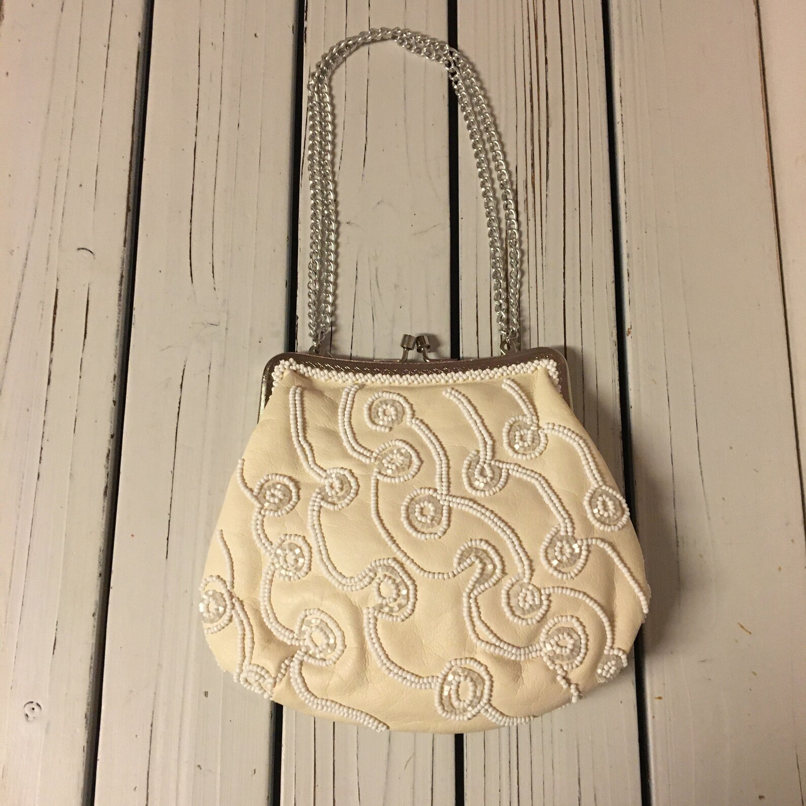 Leather and Beaded White Evening Bag: Cocktail Purse/ Wedding Handbag ...