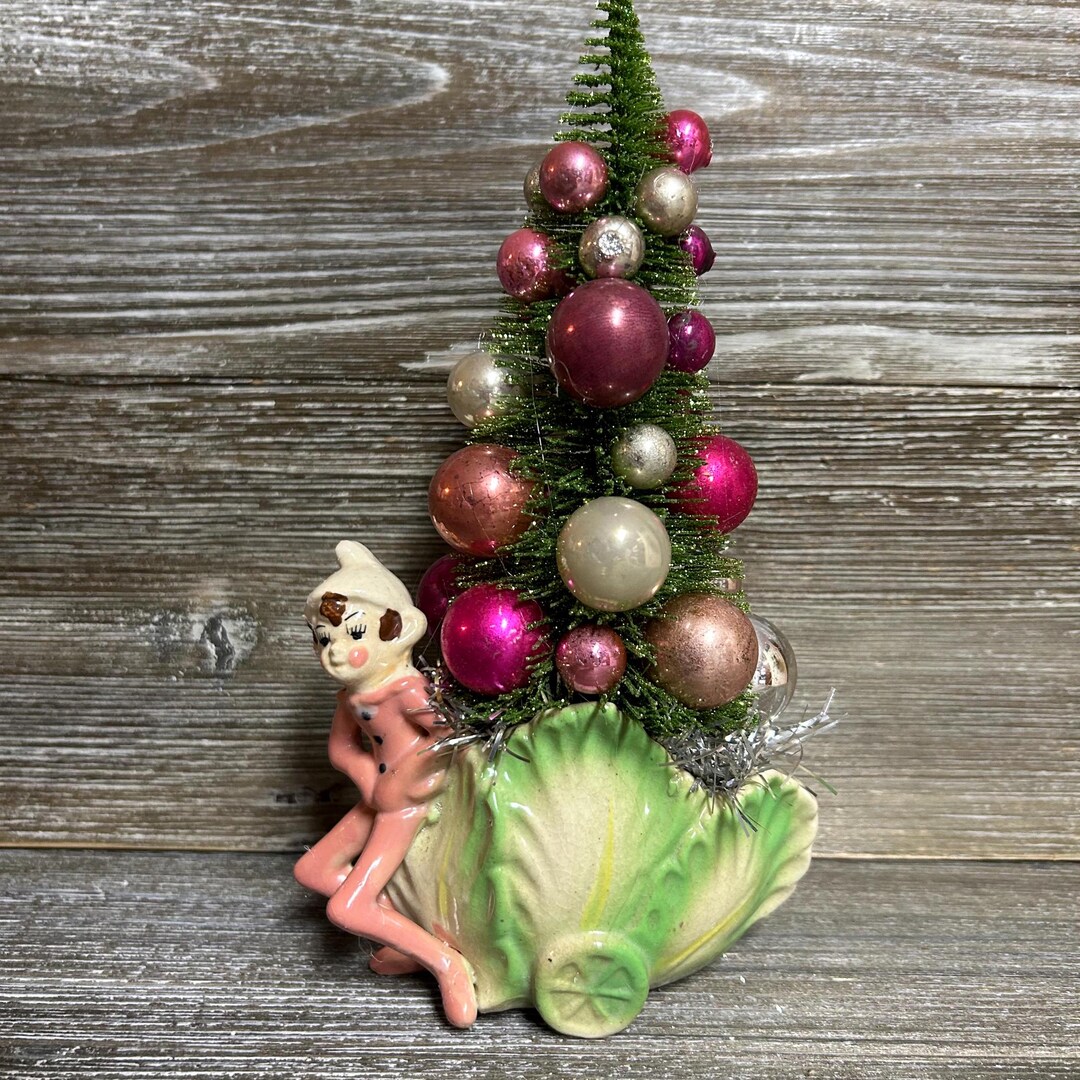 Kitsch Bottle Brush Tree Christmas Assemblage in Elf Planter/ Holiday ...