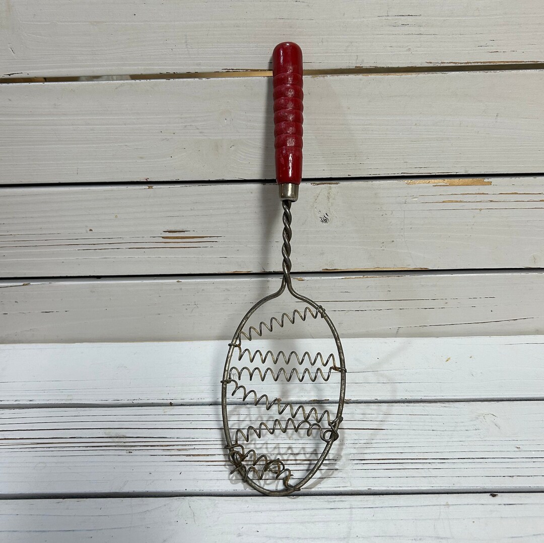 Mid Century Coiled Twisted Wire Whisk/ Wooden and Metal Red Handled ...