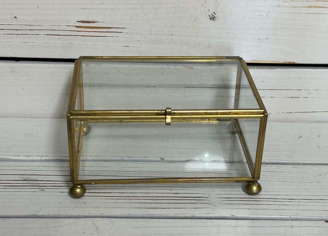 Vintage Brass, Glass Jewelry Box/ Clear Glass Treasure Box/dresser ...