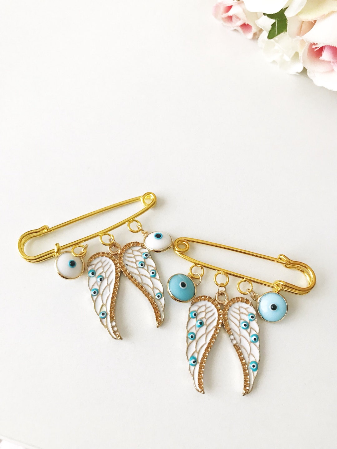 Evil Eye Safety Pin, Angel Wing Safety Pin, Gold Evil Eye Brooch, Evil ...