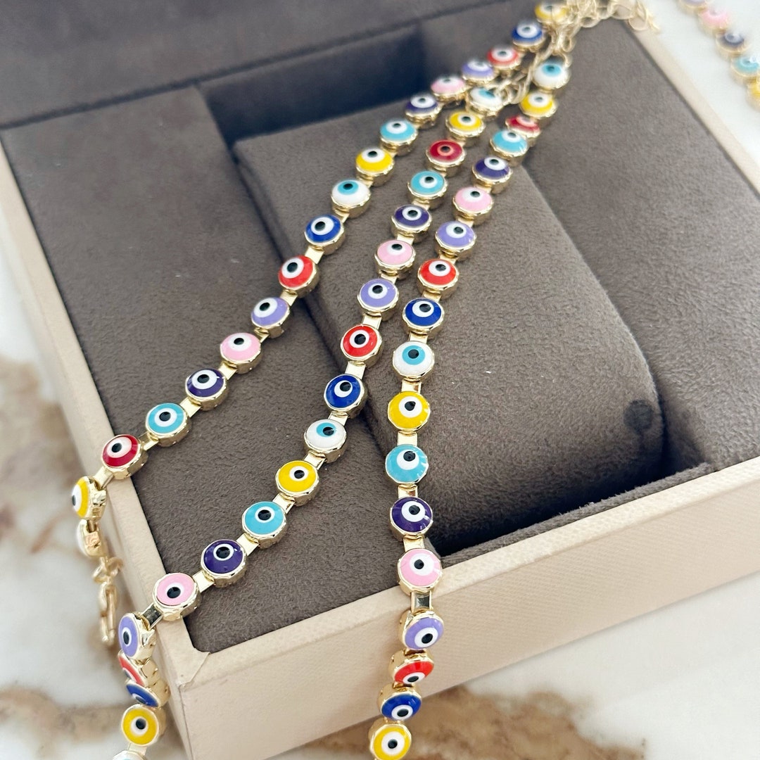 Rainbow Evil Eye Bracelet Gold Link Chain Bracelet Lucky - Etsy