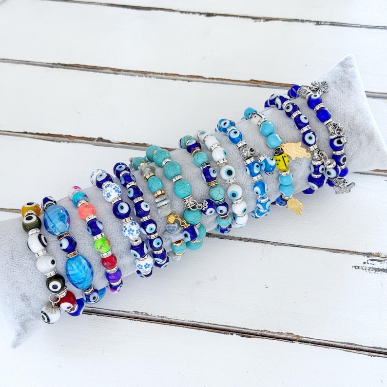 Handmade Evil Eye Bracelet, Stretchy Glass Bead Bracelet, Evil Eye ...