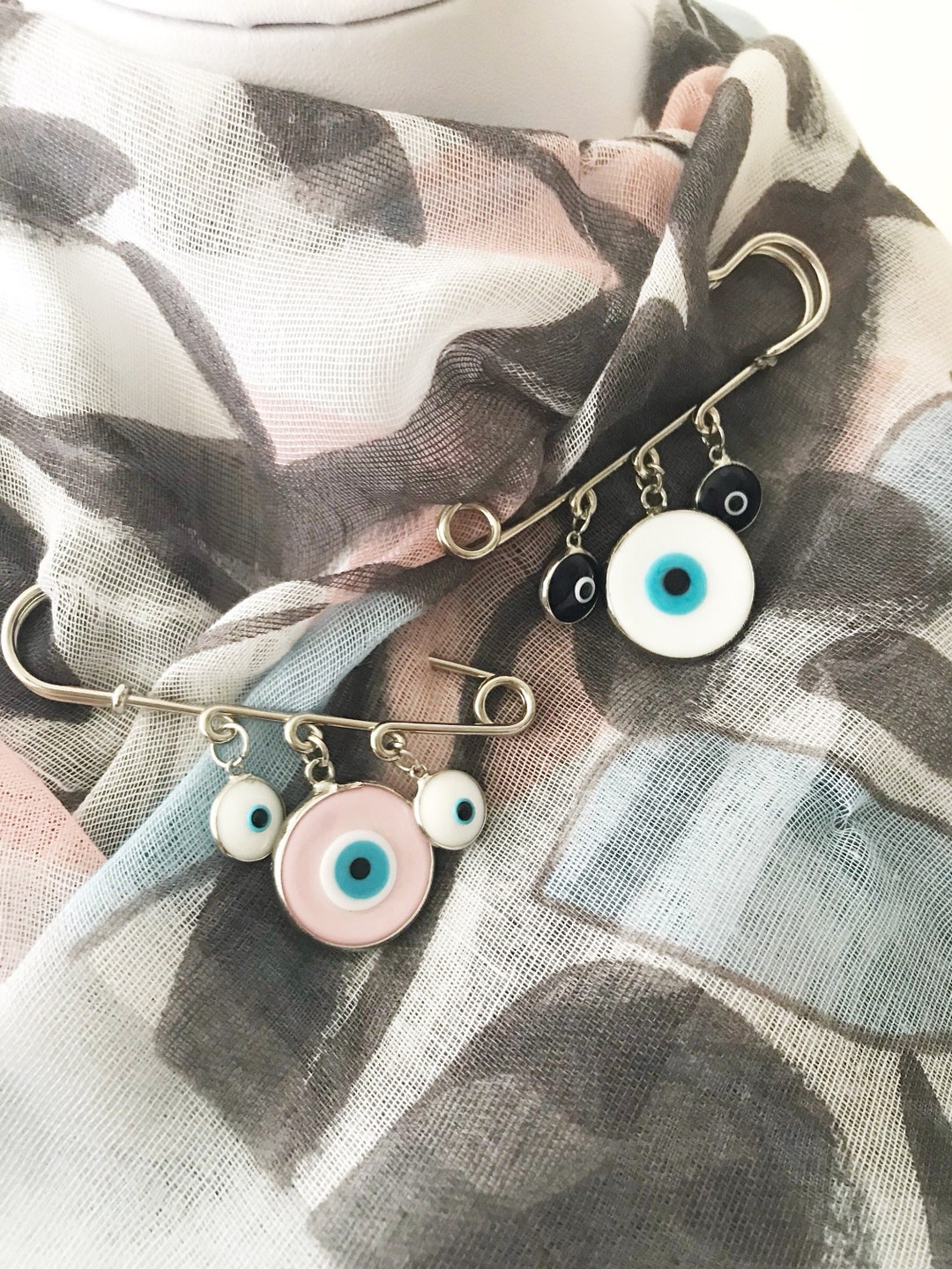 Murano Glass Evil Eye Bead Safety Pin, Silver Evil Eye Brooch ...