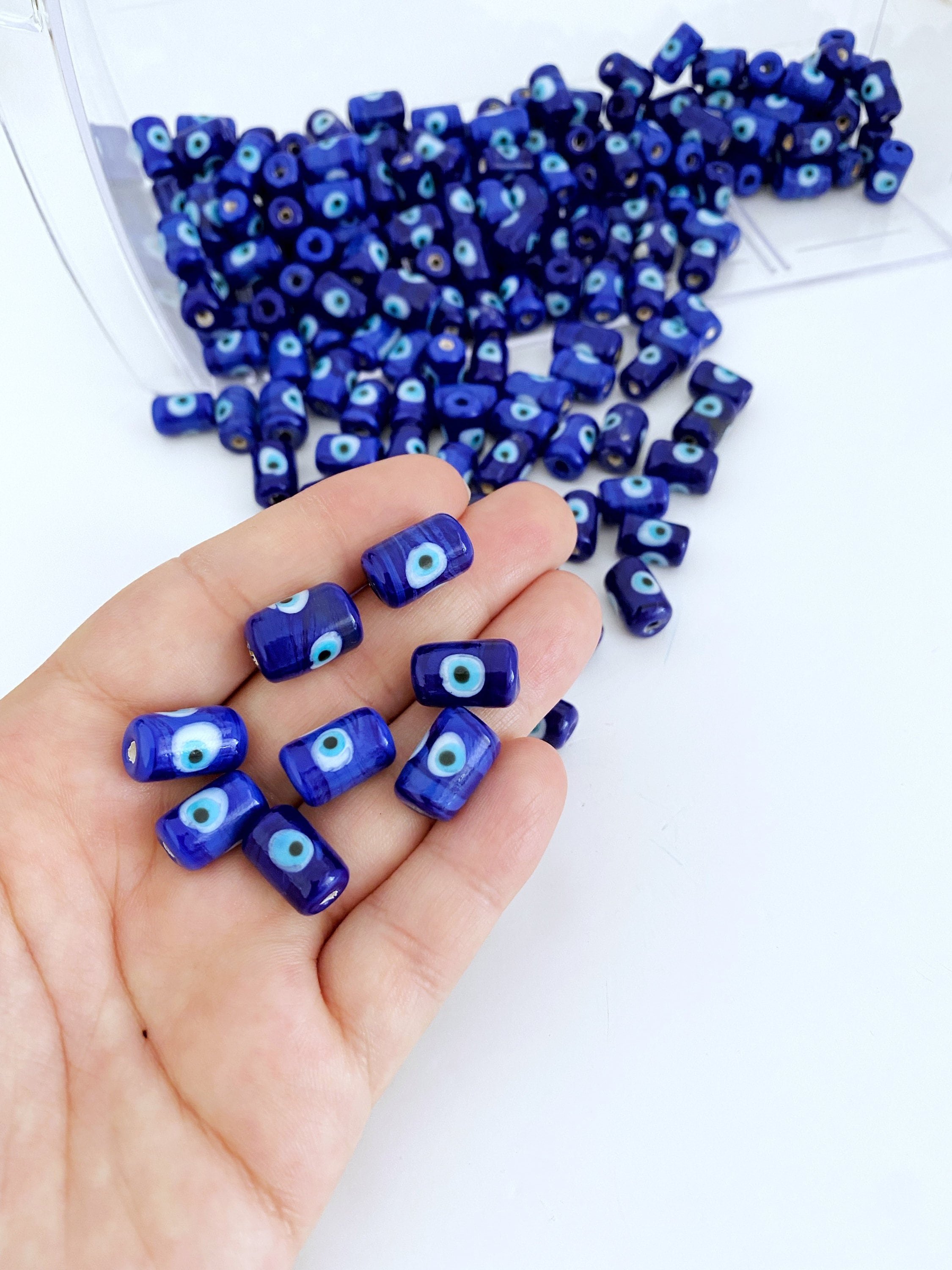 Blue Glass Evil Eye Beads, BULK Murano Beads, Cube Tube Round Shape ...