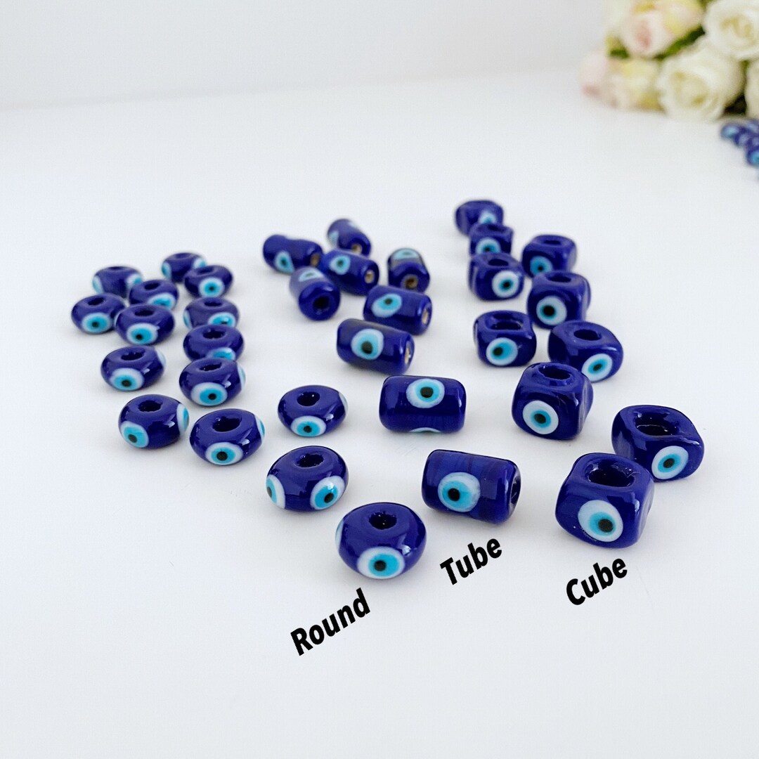Blue Glass Evil Eye Beads, BULK Murano Beads, Cube Tube Round Shape ...