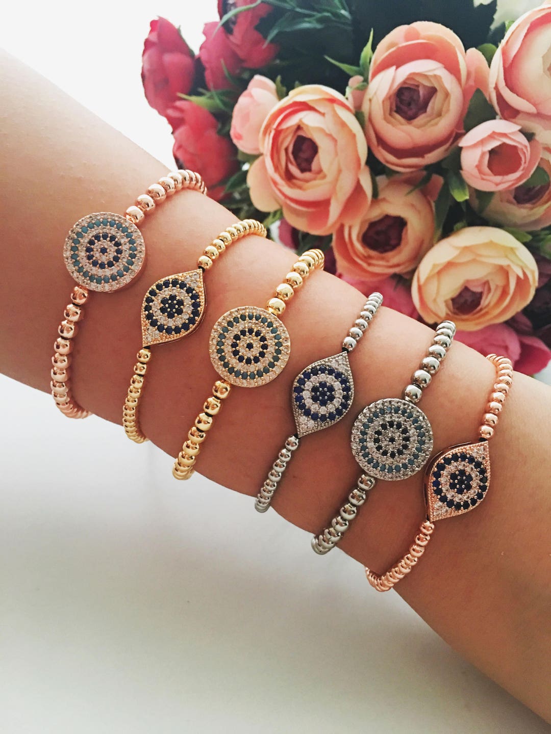 Evil Eye Beaded Bracelets, Greek Evil Eye Jewelry, Adjustable Chain ...