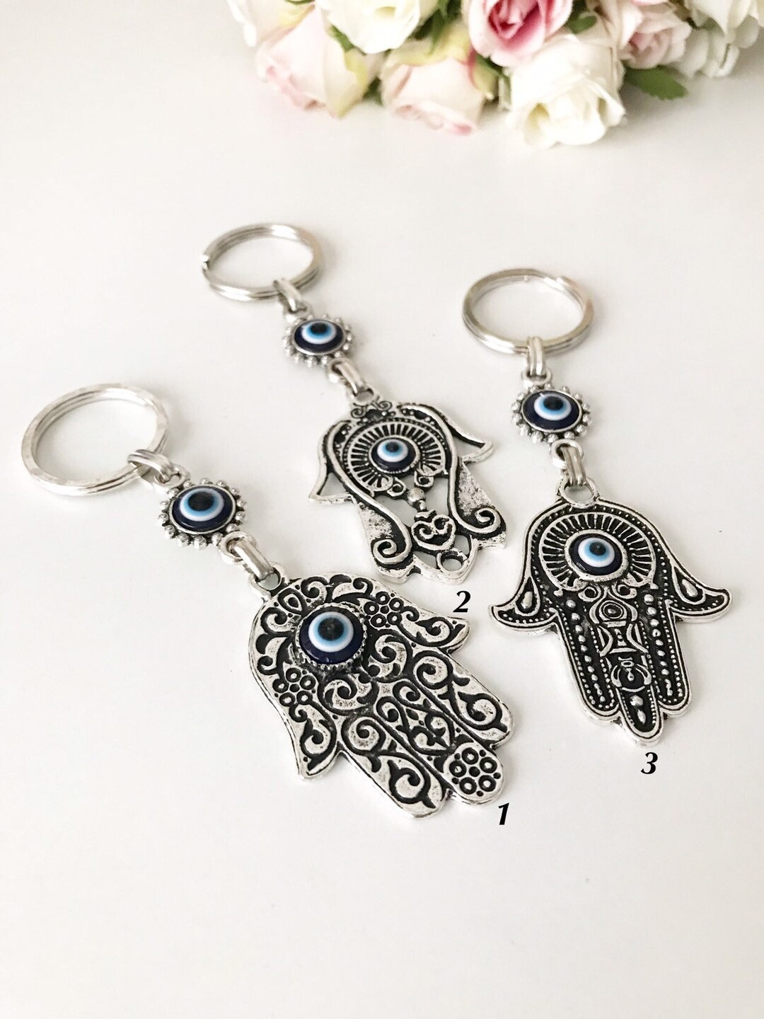Silver Hamsa Keychain With Evil Eye, Hamsa Hand Key Ring, Yoga Keychain ...