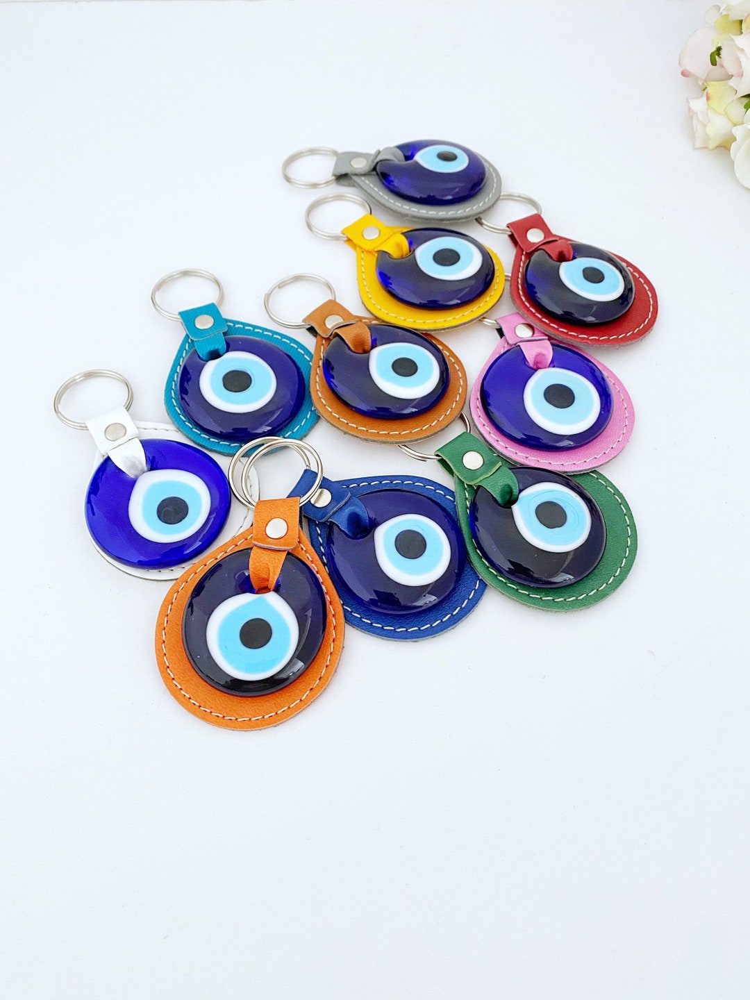 Blue Evil Eye Keychain, Leather Keychain, Evil Eye Keyring, Turkish ...