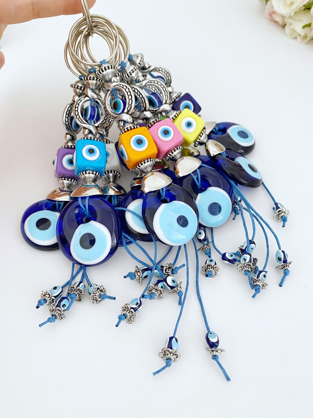 Evil Eye Key Chains With Cube Beads, Christmas Gift for Her, Evil Eye ...